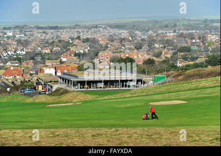 A golfer on the Seaford Head golf course on the South downs in Britain ...