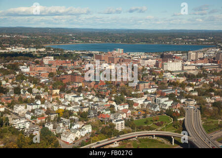 Aerial of downtown Portland Harbor and Portland Maine with view of ...