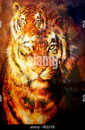 tiger collage on color abstract background, rust structure, wildlife ...