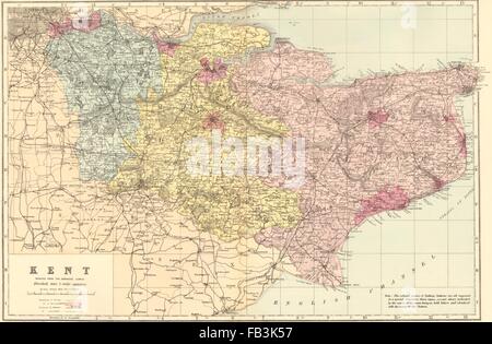 KENT antique county map by GW BACON 1883 old vintage plan chart Stock ...