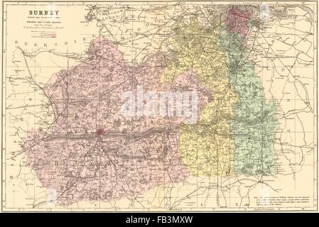 SURREY. Antique county map by GW BACON 1884 old vintage plan chart ...