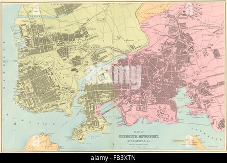 PLYMOUTH Devonport Stonehouse Stoke Mutley town city plan GW BACON 1883 ...