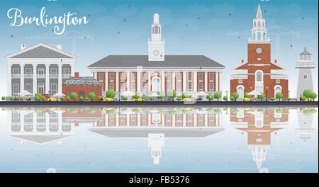 Burlington Skyline with Color Buildings, Blue Sky and Reflections ...