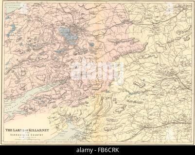 KILLARNEY LAKES Kerry Kenmare Ireland antique map by GW BACON 1891 old ...