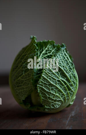 Still life with savoy cabbage on white cube Stock Photo - Alamy
