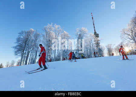 Sljeme mountain in winter. Television tower on Sljeme peak and ...