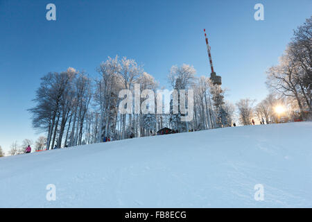 Sljeme mountain in winter. Television tower on Sljeme peak and ...