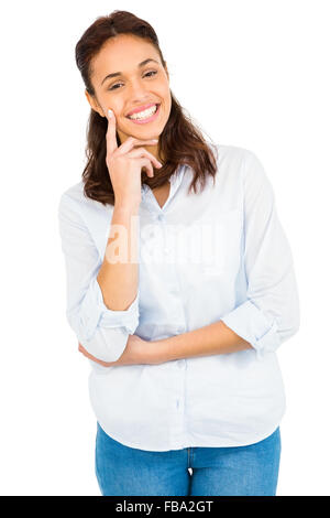 woman pointing to chin Stock Photo - Alamy