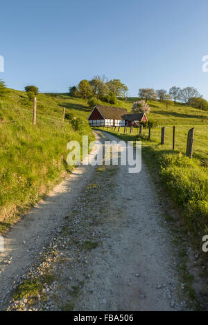 Cottage in pastoral countryside landscape in the south of Sweden. Skane ...