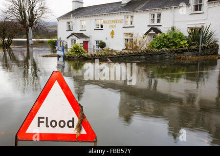 The Wateredge Inn surrounded by flood water after Lake Windermere burst ...