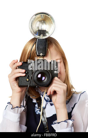 Girl reporter photographer with retro camera and flash isolated Stock ...