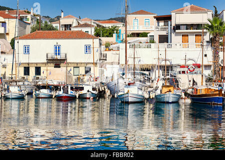 Scenic in the old harbor of Spetses island, Greece, with fishing boats ...