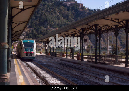 The beautiful marble railway station at Taormina, Sicily, Italy Stock ...