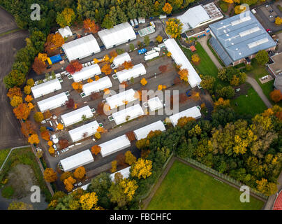 Aerial view, Police Academy Bork with refugee shelter in autumn foliage ...