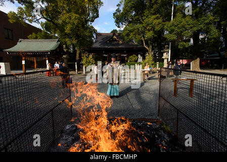 Nagoya, Japan. 14th January, 2016. A Daruma doll burns in a fire at ...