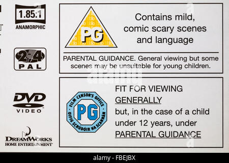 PG rating on DVD case PG Film censor's office Stock Photo - Alamy