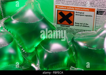 Safety instructions on a biological liquid laundry detergent capsule ...