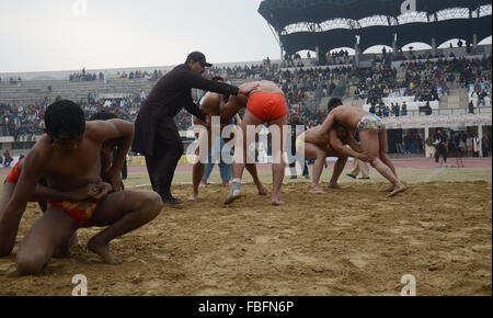 Lahore, Pakistan. 15th Jan, 2016. Pakistani traditional wrestlers ...