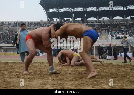 Lahore, Pakistan. 15th Jan, 2016. Pakistani traditional wrestlers ...