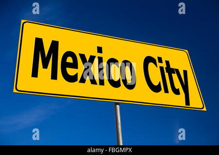 Yellow transportation sign with word mexico on blue color sky ...