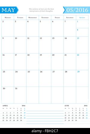 A monthly planner calendar for May 2016 on white. A custom straight ...