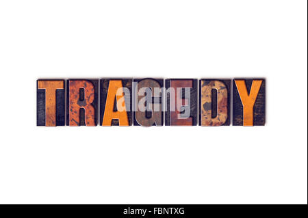 The word "TRAGEDY" theme written in vintage, ink stained, wooden ...