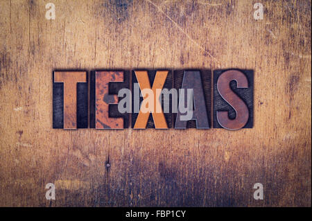 The word "Texas" written in vintage metal letterpress type on an aged ...