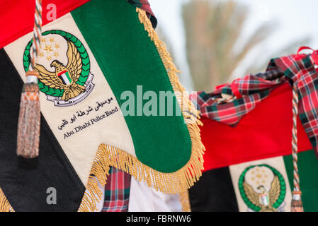 Bagpipe banner for a musician in the Abu Dhabi Police Band Stock Photo ...