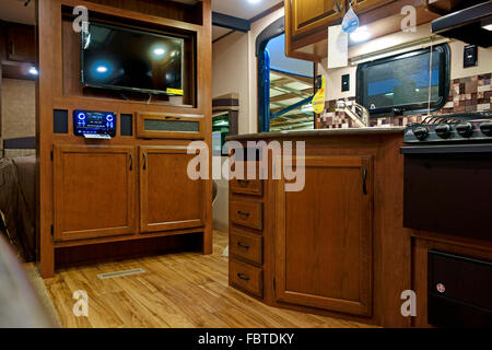 The interior of a modern 5th fifth wheel RV trailer camper caravan ...