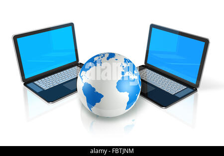 two Laptop computers around a world globe Stock Photo - Alamy