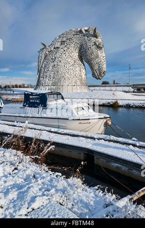 Kelpies in winter snow, Helix Park, Falkirk, Scotland, UK Stock Photo ...