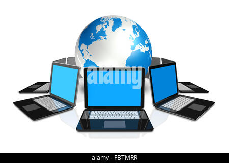 3D Laptop Computers around World Globe - apps icons interface ...