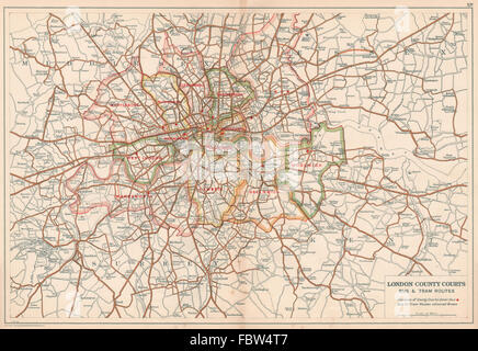 LONDON COUNTY COURTS + BUS & TRAM ROUTES. Vintage map. BACON 1919 old ...
