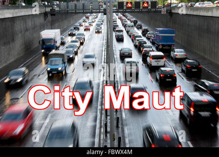 German road sign traffic jam and public transport with blue sky and ...