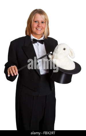 Magician woman with wand on white Stock Photo - Alamy