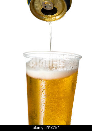 Beer, ale or lager in a plastic disposable cup isolated on white ...