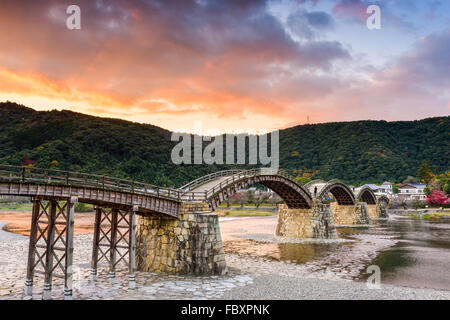 The view of the historical wooden Kintai arch bridge over Nishiki river ...