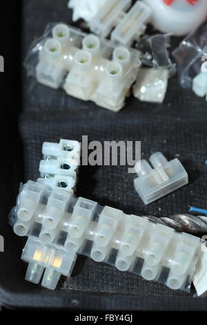 terminal block and electrical cables in an electrical control panel of ...