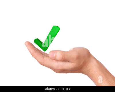 Hand holding check mark icon, banner with wooden check mark icon in ...