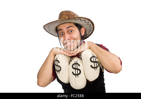 Young cowboy with money bags isolated on white Stock Photo - Alamy