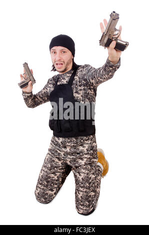 Paintball, man surrender with soldier and gun, battlefield and fitness ...