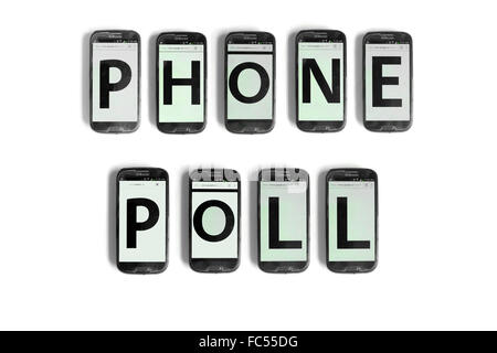 Phone Poll written on the screens of smartphones photographed against a ...