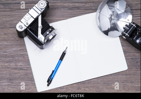 Top view photo camera wooden table. Resolution and high quality ...