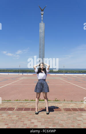 Caucasian brunette woman on Samara monument background Stock Photo - Alamy