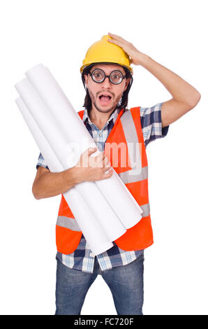 Architect with drafts and hard hat on white background Stock Photo - Alamy