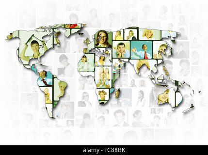 World map background with people portraits on it Stock Photo - Alamy