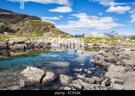 A scenic view of lake reflecting rocky hills and green plants on its ...