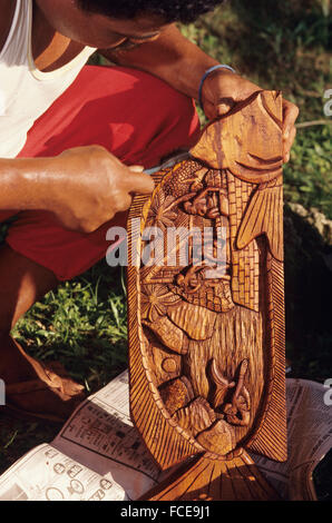 Republic of Palau, story board carving by prison inmates, Koror prison ...