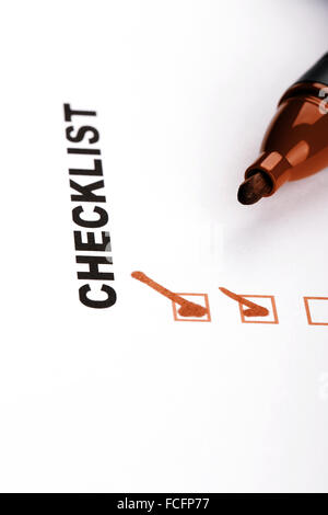 Checklist and to do list with v sign check marks in square box. Pen and ...
