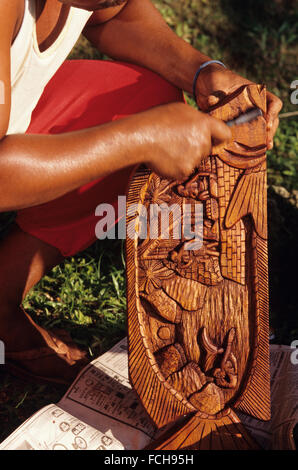 Republic of Palau, story board carving by prison inmates, Koror prison ...